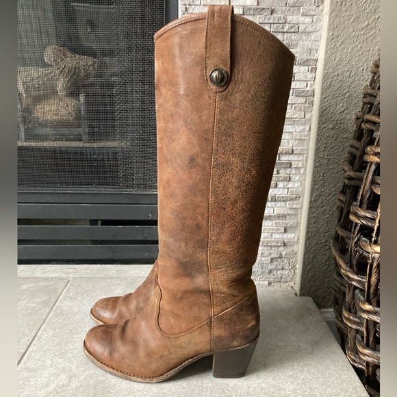 Frye | Shoes | Frye Brown Distressed Leather Jackie Button Knee High ...